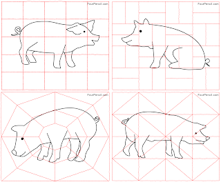 Four grid: Free printable Pig grid line drawing worksheet/activity for kids