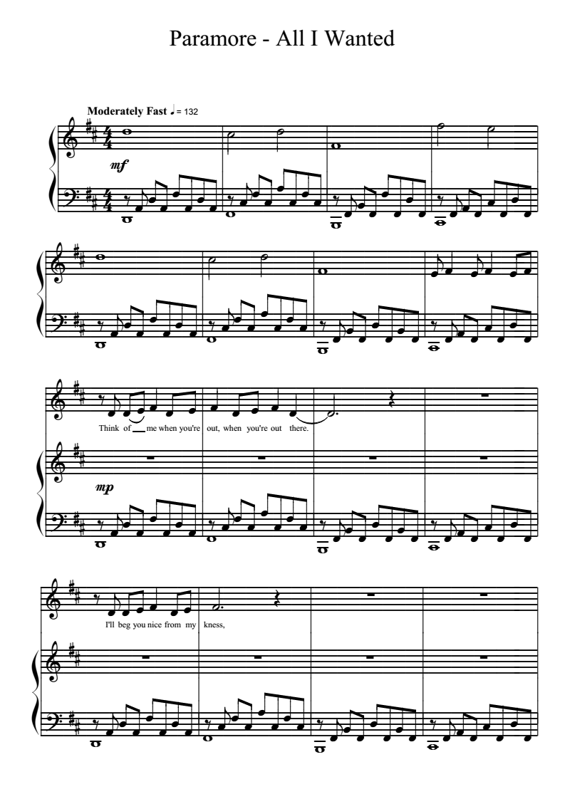 Partituras Musicais: All I Wanted - Paramore - Piano - n.º 1164