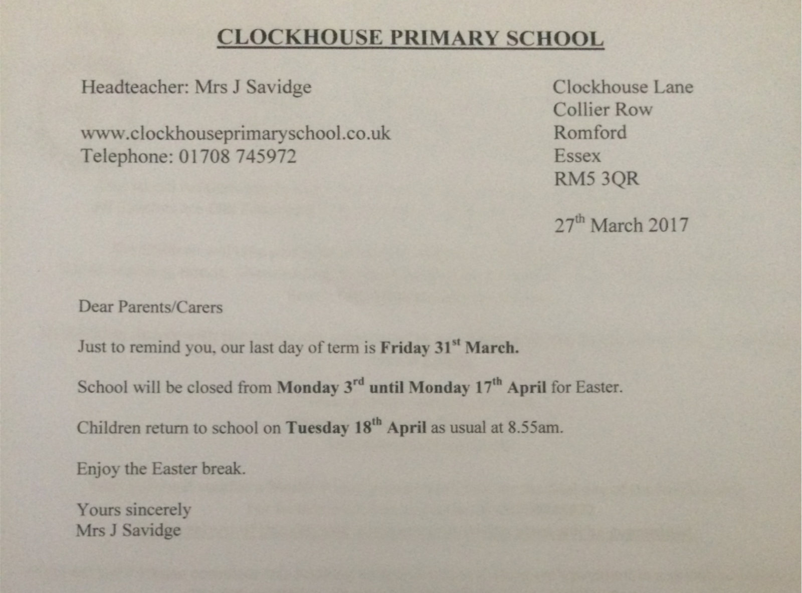 Clockhouse Primary School: Dates