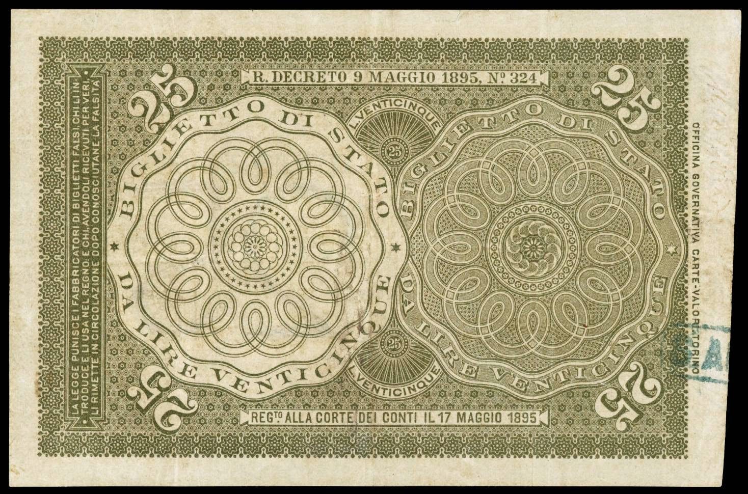 Italy 25 Lire 1895 "Italia" Biglietto Di Stato|World Banknotes & Coins ...