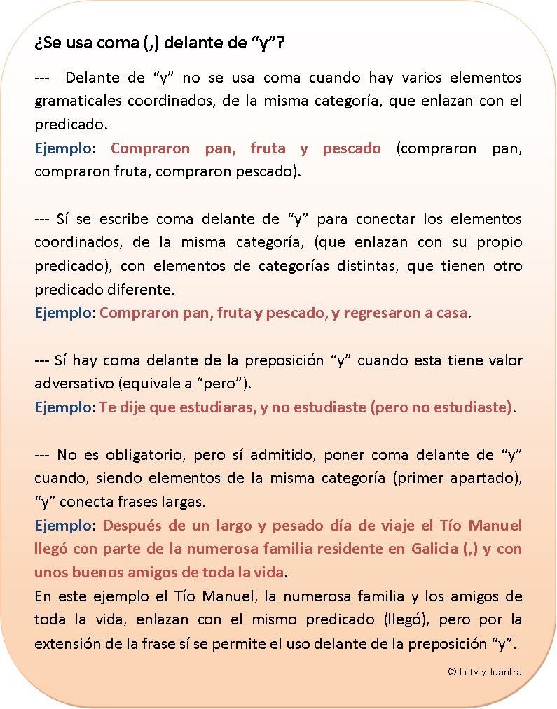 aprendiendo español con Lety y Juanfra: Coma delante de "y"