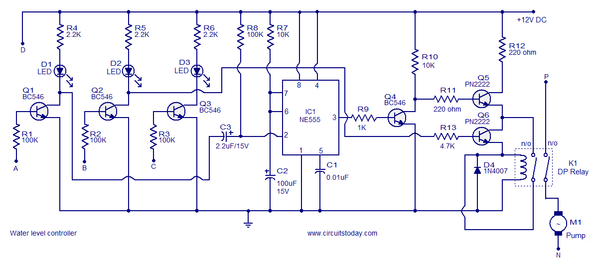 W: Water Level Controller using NE 555 and PN 2222