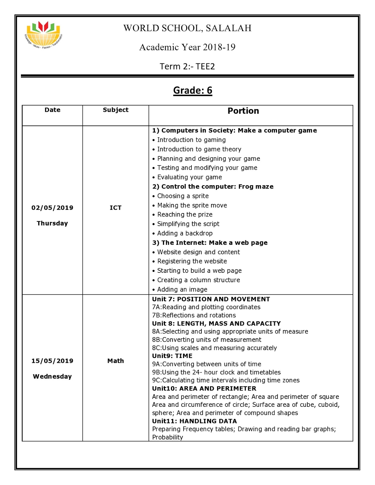 Birla World School Oman: TEE2-Portion with Exam dates for Grade 6