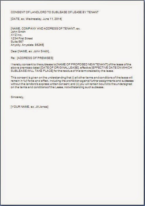 SUBLEASE CONSENT LETTER FORMAT