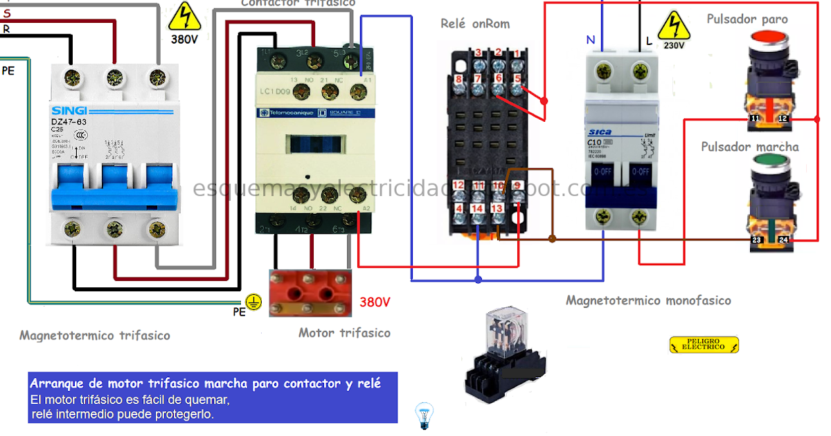 Esquemas eléctricos: Arranque de motor trifasico marcha paro contactor y relé