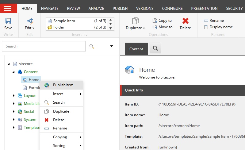 Explore Sitecore: Publishing option on menu