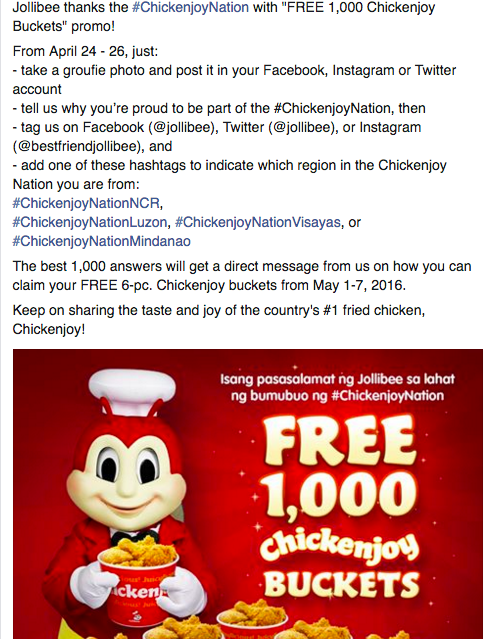 Jollibee answers back with 1,000 Buckets of ChickenJoy. - Blog for Tech ...