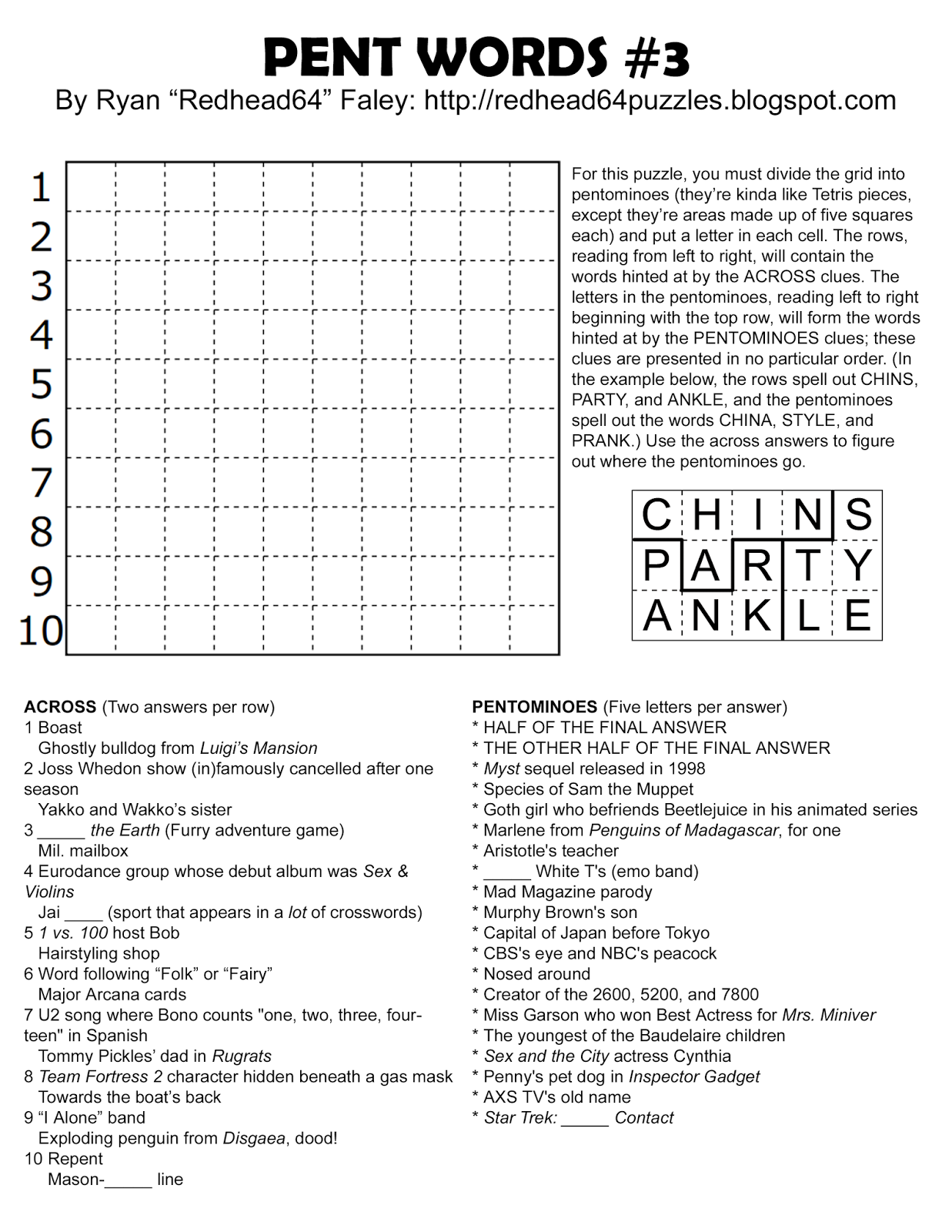 Redhead64's Obscure Puzzle Blog!: PUZZLE #33: Pent Words 3