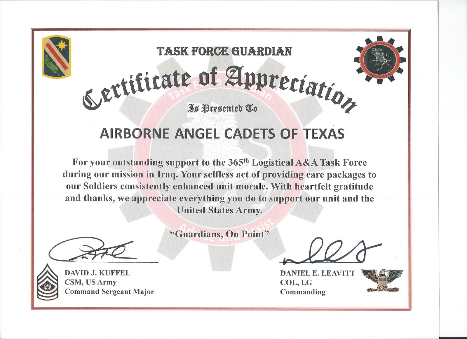 Care Packages for Soldiers: Certificates and Photos from the Troops.