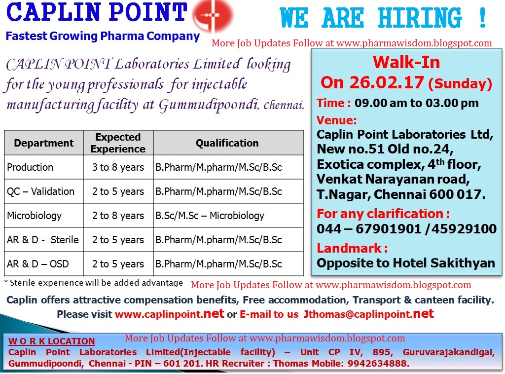 PHARMA WISDOM: CAPLIN POINT Laboratories - Walk-In Interview for ...