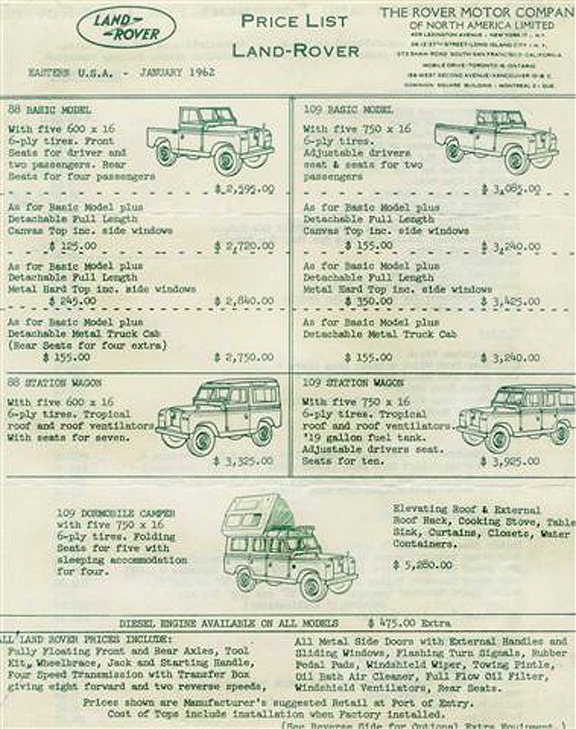 The Pinehurst Land Rover Society: 1962 Land Rover Price List