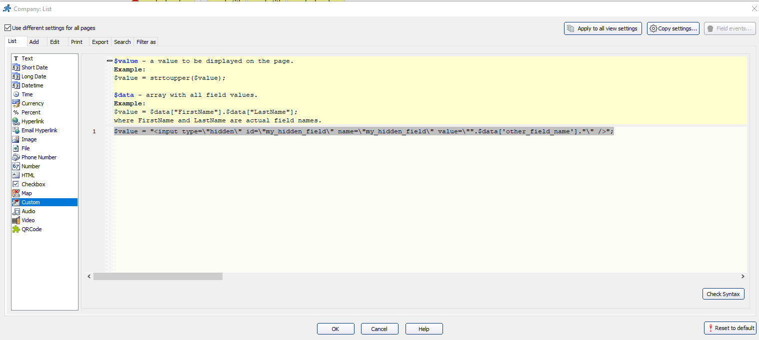Sample Hidden Field Custom On PHPRUNNER - SAMPLE CODE