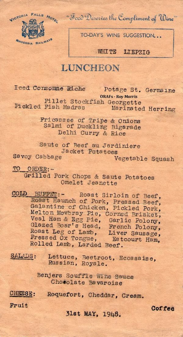 Our Rhodesian Heritage: Victoria Falls Hotel Menu's 1948