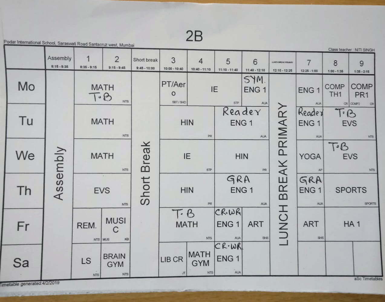 STARS OF PIS AHMEDABAD STD II: TIMETABLE OF CLASS 2 - ALL SECTIONS
