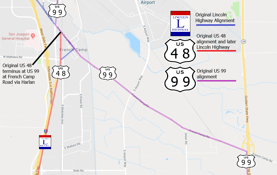 The original US Route 99 alignment on Sign County Route J9/French Camp Road