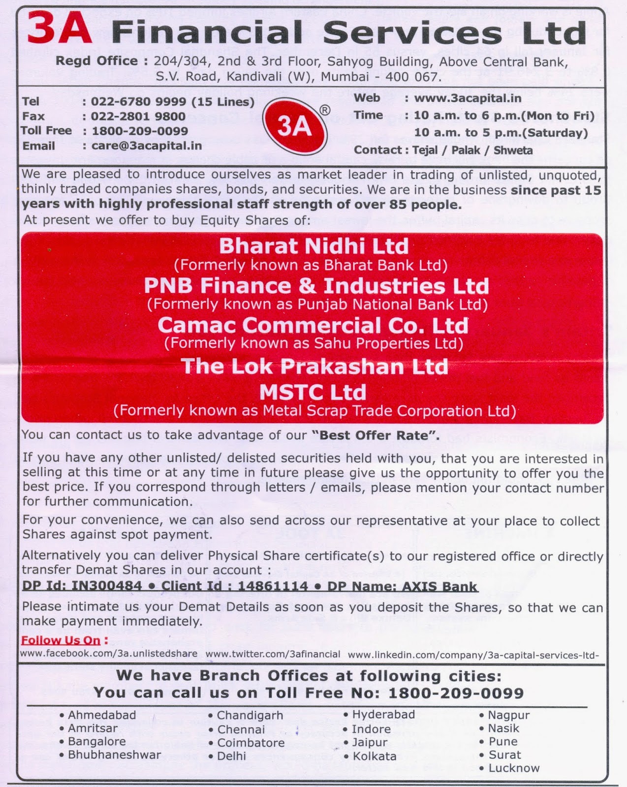 Selling Delisted Unquoted Shares - (3A Financial Services Ltd)