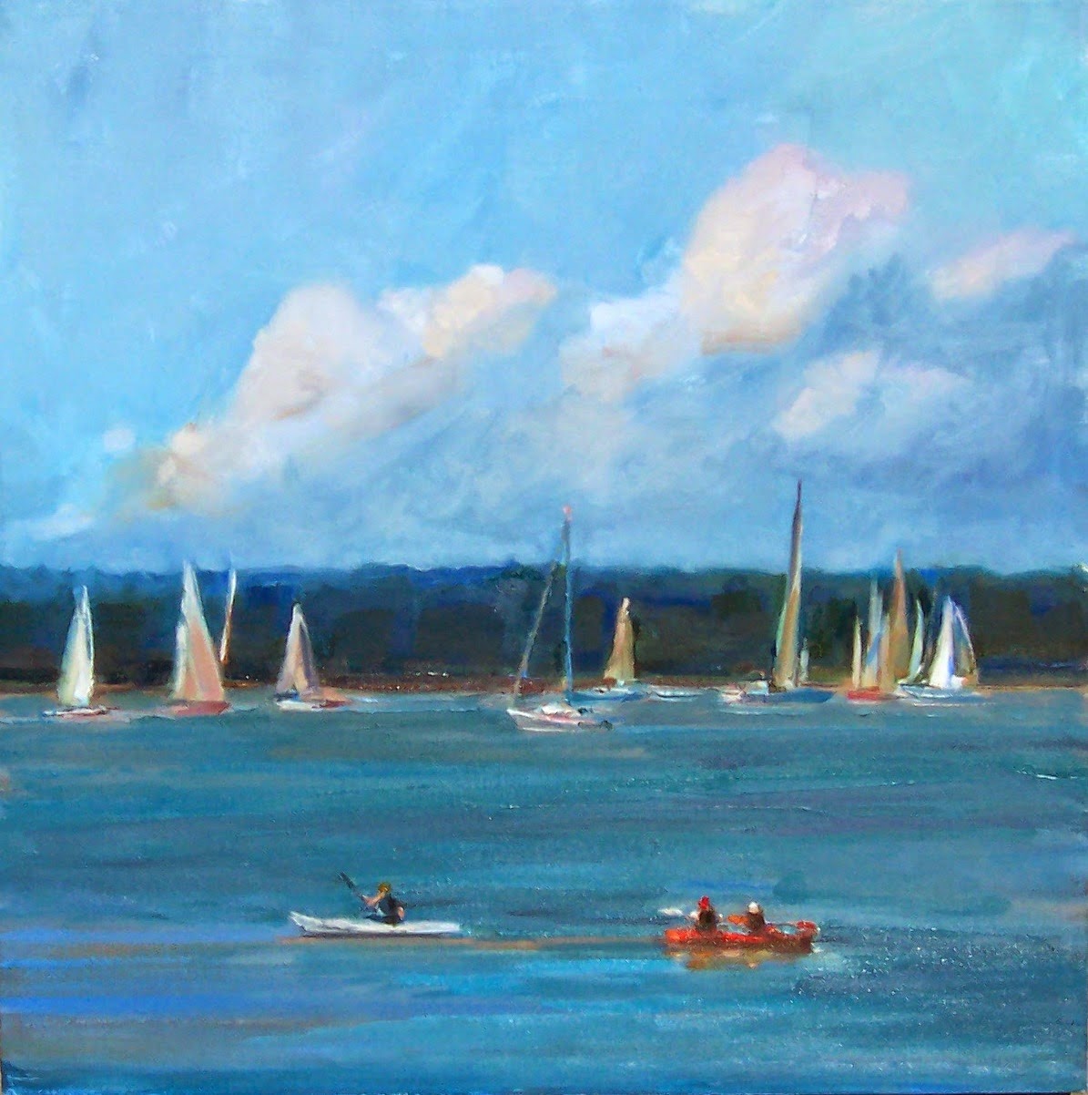 Art Every Day : Boat Race in the Bay,sea scape,oil on canvas,18x18 ...