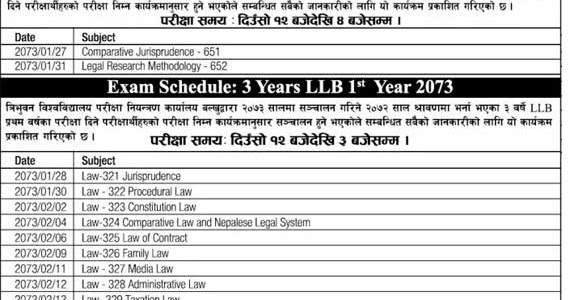 TU publishes exam routine of 3 years LLM and LLB First year 2073