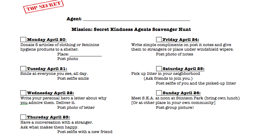 Ferial Pearson: Secret Kindness Agents Scavenger Hunt