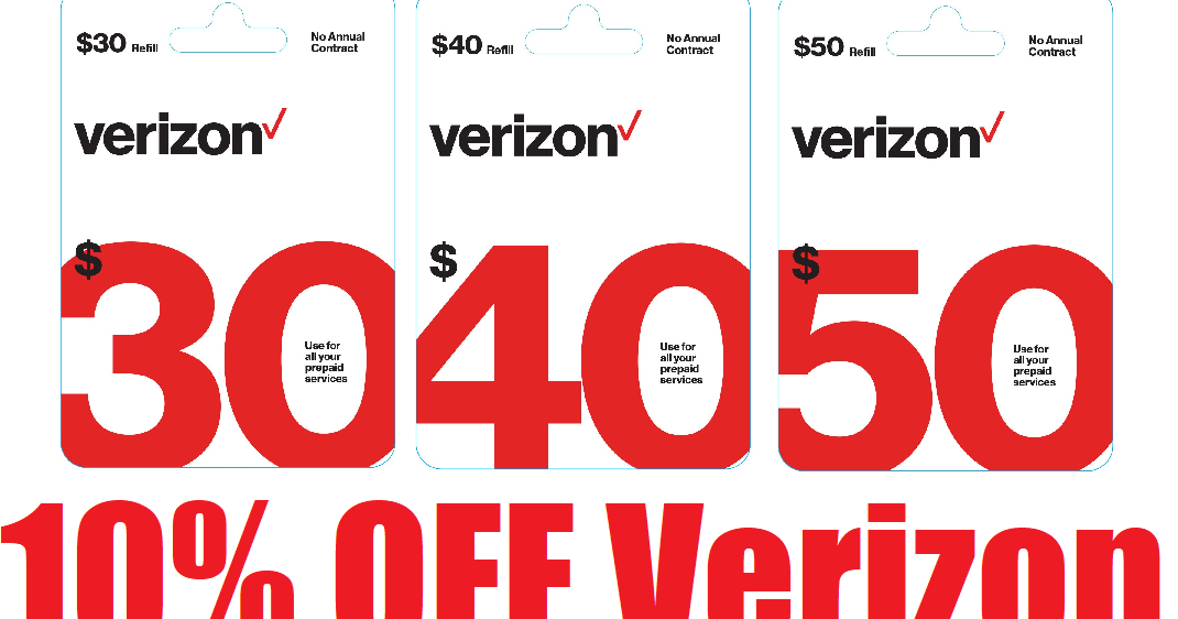 10% off Verizon Wireless Prepaid Cards. $60 of Cards $54, $80 Worth For ...