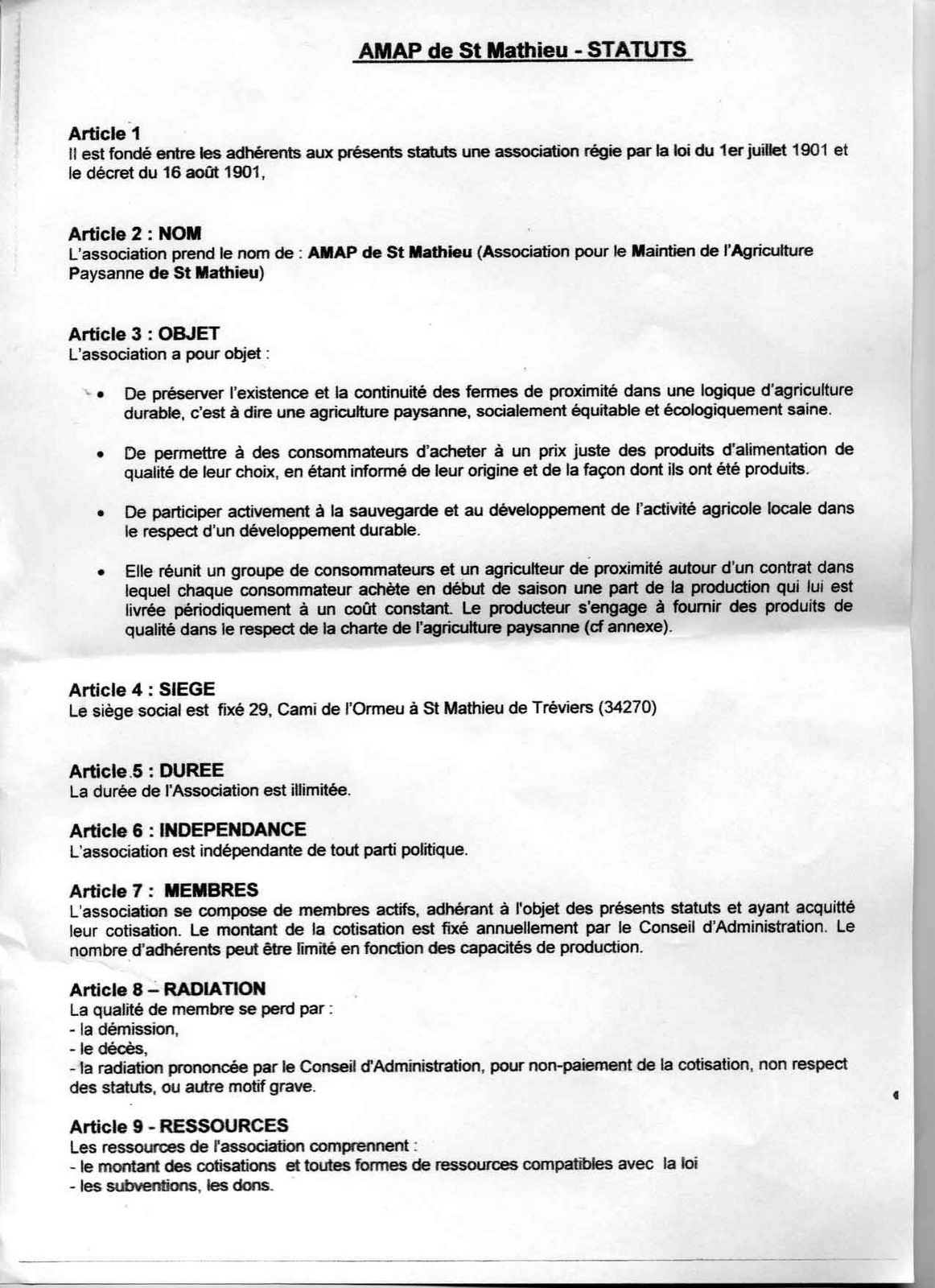 AMAP de Saint Mathieu: Statuts de l'association
