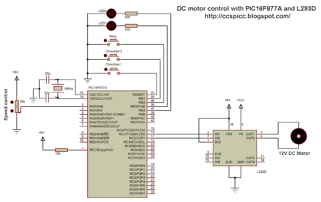 DC motor control with PIC16F877A and L293D (Proteus simulation)