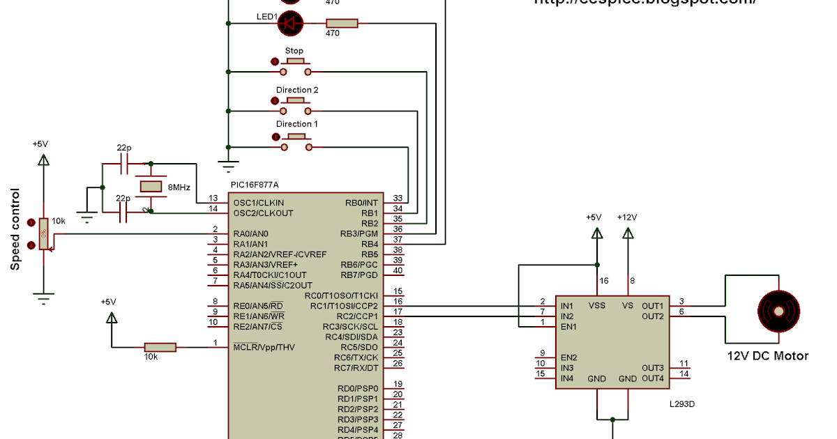 DC motor control with PIC16F877A and L293D (Proteus simulation)