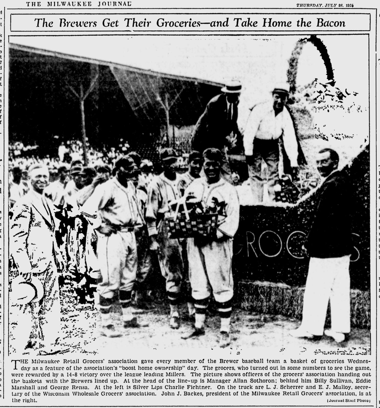 Borchert Field: "The Brewers Take Home the Bacon", 1934