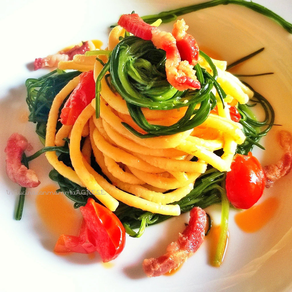 Spaghetti freschi con Agretti Pomodorini e pancetta croccante 💐 | In ...