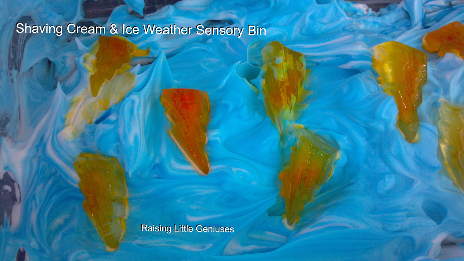 Raising Little Geniuses: Shaving Cream & Ice Weather Sensory Bin