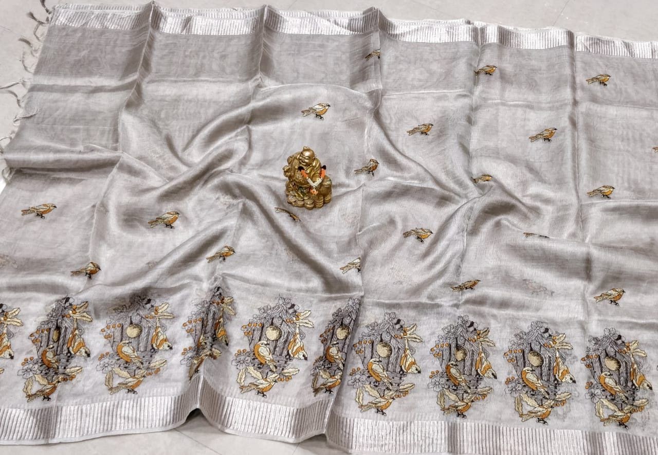 Pure Silver tissue sarees with embroidery work