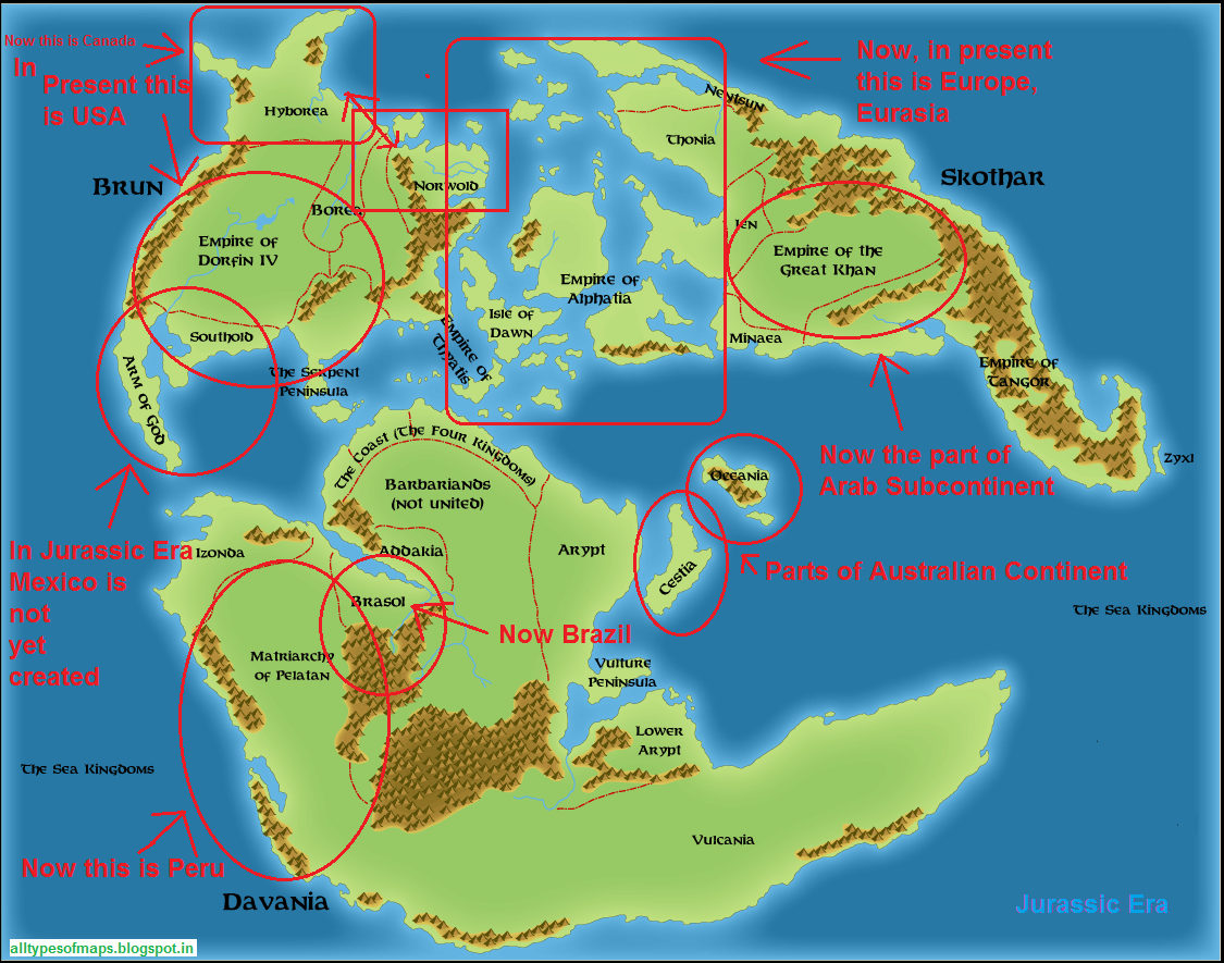 World Mapper: Jurassic Era World Map with present places marking