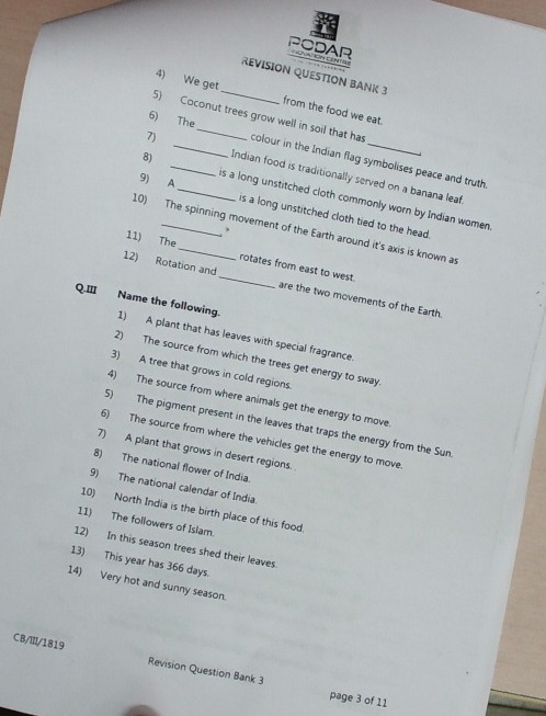 CLASS III A,B,C,D EVS QUESTION BANK 3