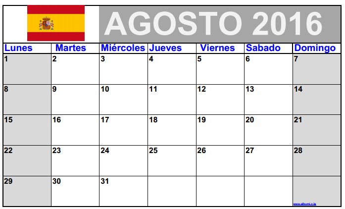 calendario Agosto 2016 para imprimir gratis | 2016 Blank Calendar ...