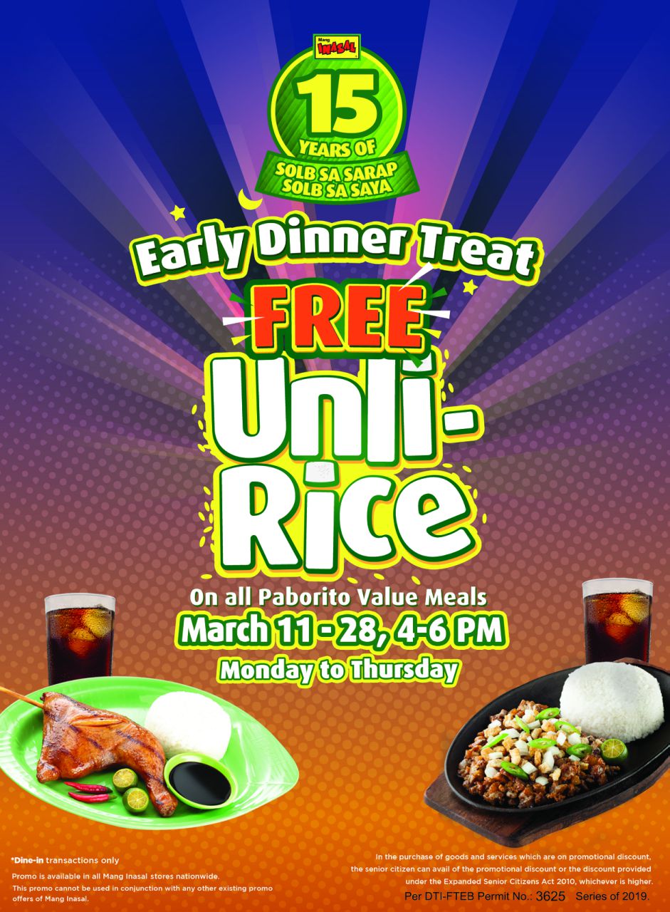 Free Unli Rice during early dinner at all Mang Inasal stores this March ...