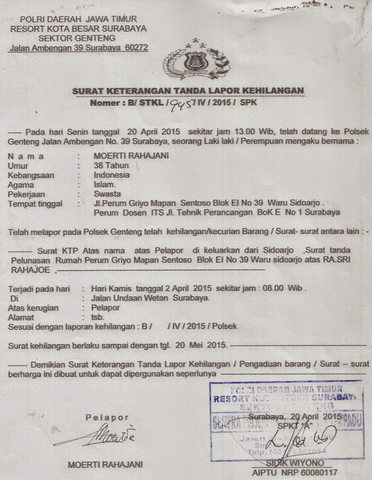 Tentang Moerti Rahajani: Surat Keterangan Kehilangan KTP di Polsek ...