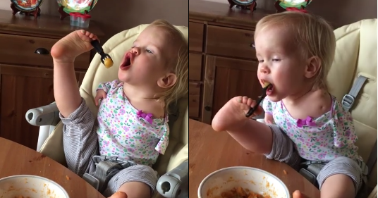 Incredible! Baby born with no hands learns to eat with her feet