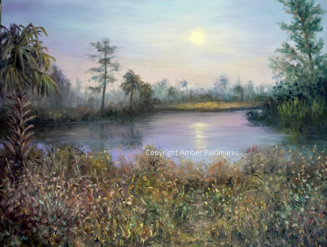 Original Moonlight Marsh Nature Landscape Painting