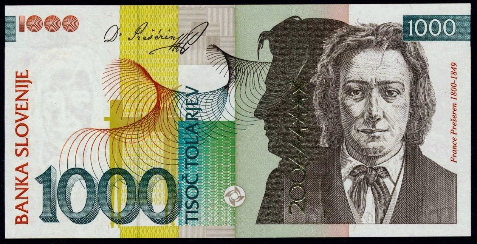 Slovenia 1000 tolarjev banknote 2003 France Prešeren|World Banknotes ...
