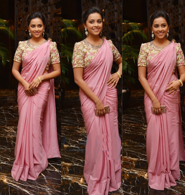 Bollywood Actress Saree Collections: Sri Divya in Pink Plain Saree and ...