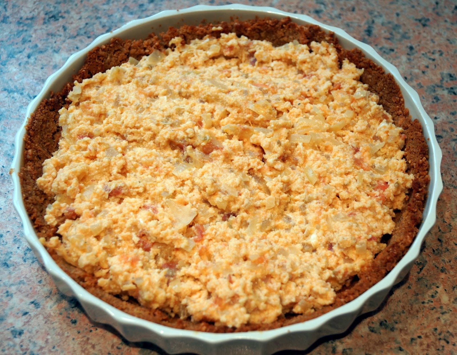 Onions and Paper: Egg and tomato flan with savoury biscuit crumb pastry