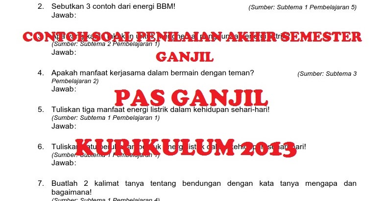 Soal Penilaian Akhir Semester (PAS) Ganjil Kelas 4 Kurikulum 2013 Lengkap Tema 1 sampai 5 ...