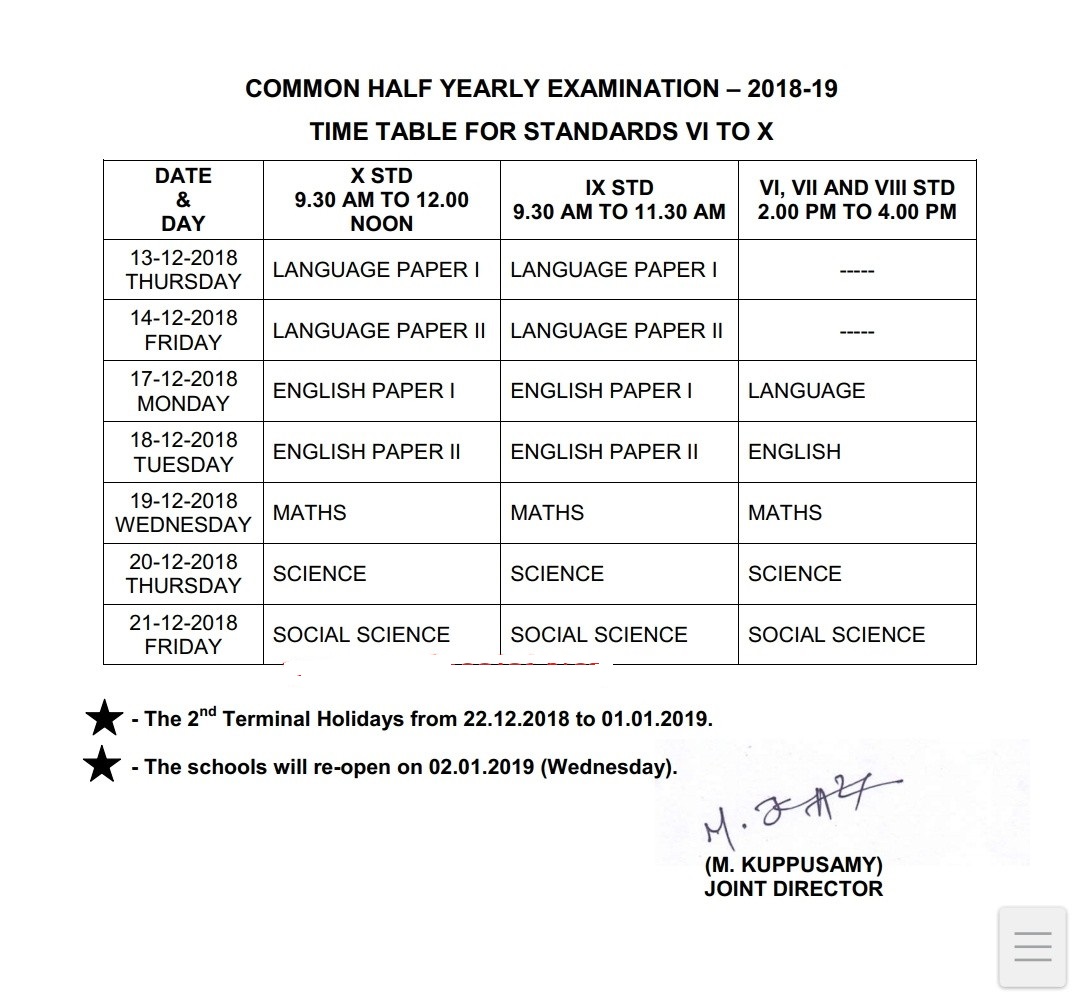 Half Yearly Exam Time Table 2018 - 2019 for Pudhucherry Schools (From ...
