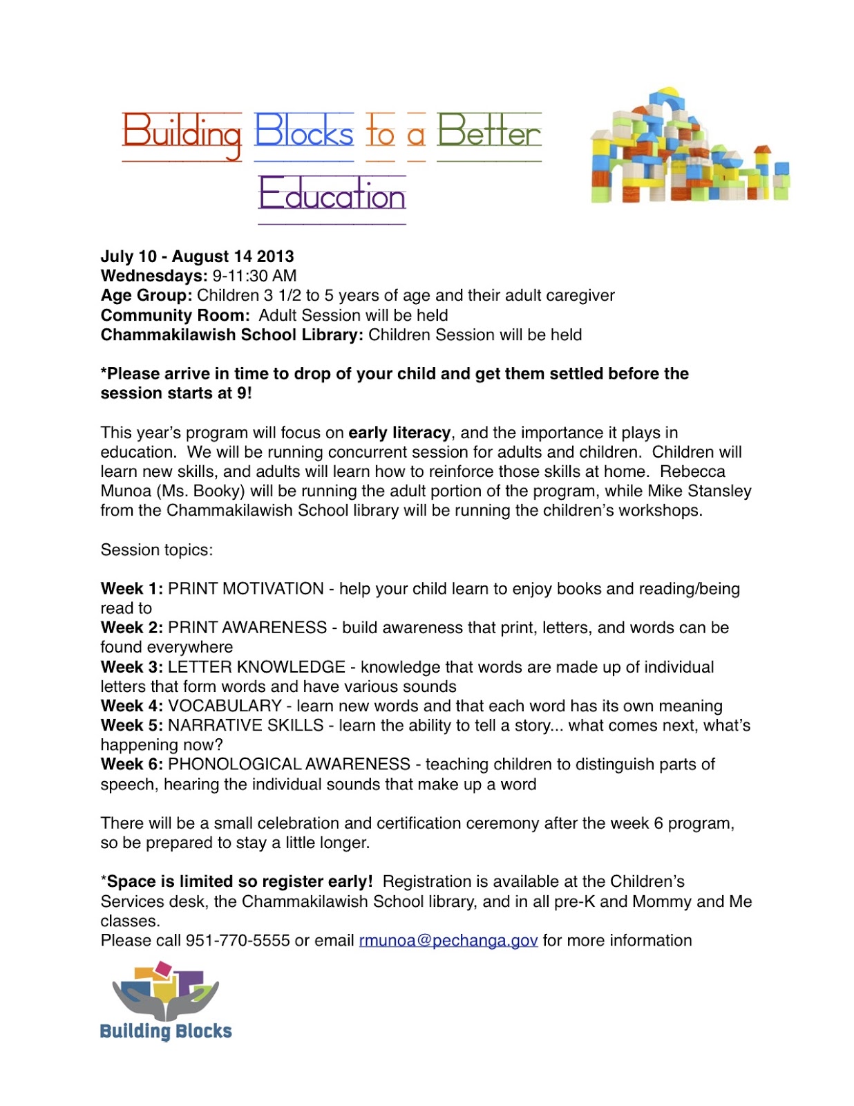 Ms. Booky's 2013 Library Programming: Early Literacy Parent/Child Program