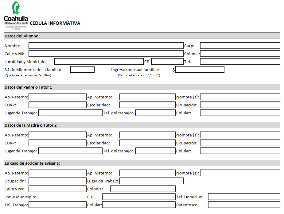 FORMATOS EN EXCEL: Cédula Informativa del Seguro Escolar SEP