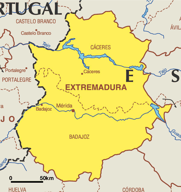 Kaart Spanje Vakantie Provincies: Extremadura en Mérida Kaart ...