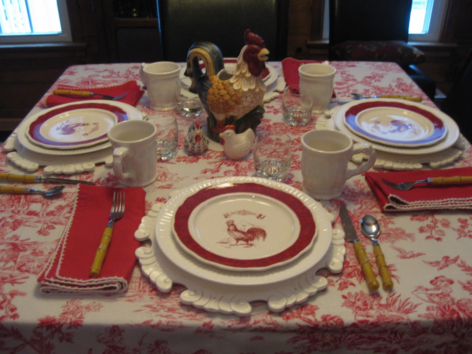 Mid-Atlantic Martha: Roosters, red and toile tablescape