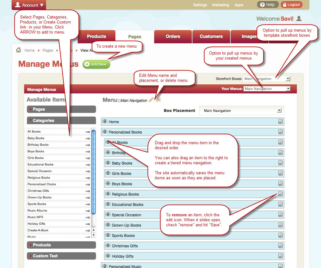 SaviSites.com: Video Tutorials - How to Create/Manage your Storefront Menus