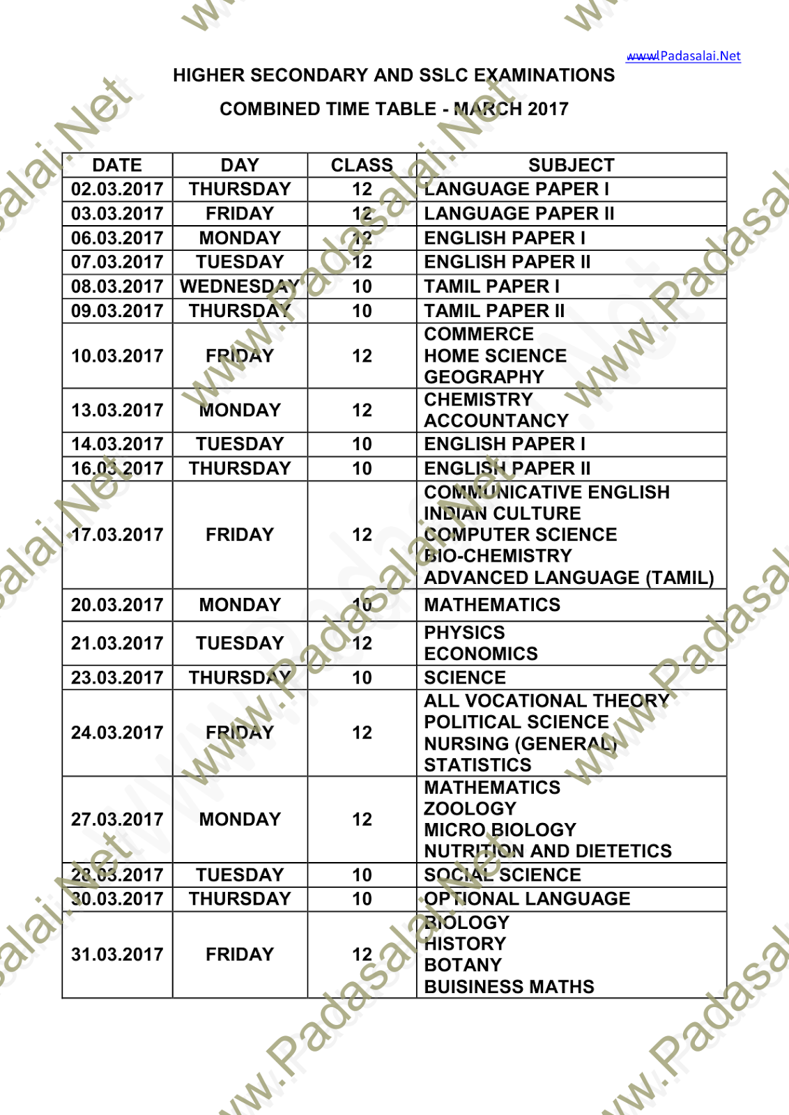 10th & 12th Public Exam March 2017 - Combined Time Table ~ Padasalai ...