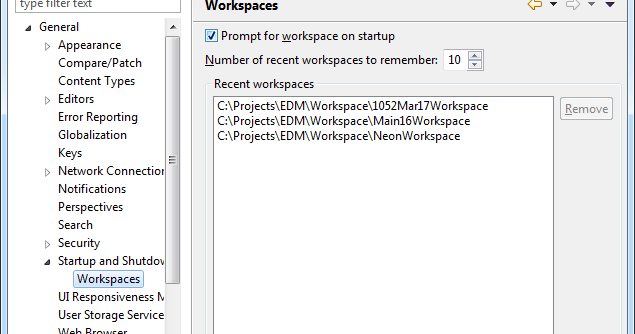 PSR.COM: Eclipse reset/enable workspace preference on startup